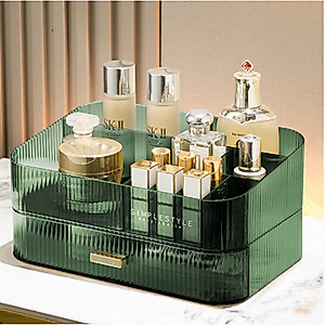 CESTATIVO Makeup Organizer with Stackable Drawer, Skincare Cosmetics Organizer, Bathroom Vanity Organizer and Storage, Large Capacity Organizer for Dresser Countertop, Clear Green