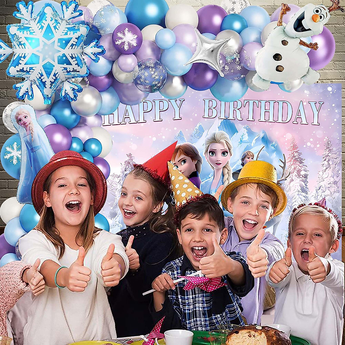 Frozen Birthday Party Supplies, Frozen Party Decorations Includes Snowflake Balloon Garland Arch Kit,Frozen Backdrop, Frozen Tablecloth, Elsa, Snowman and Snowflake Foil Balloon