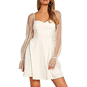 WDIRARA Women's Polka Dots Mesh Long Sleeve A Line Mini Flowy Wedding Guest Bridesmaid Dress White M
