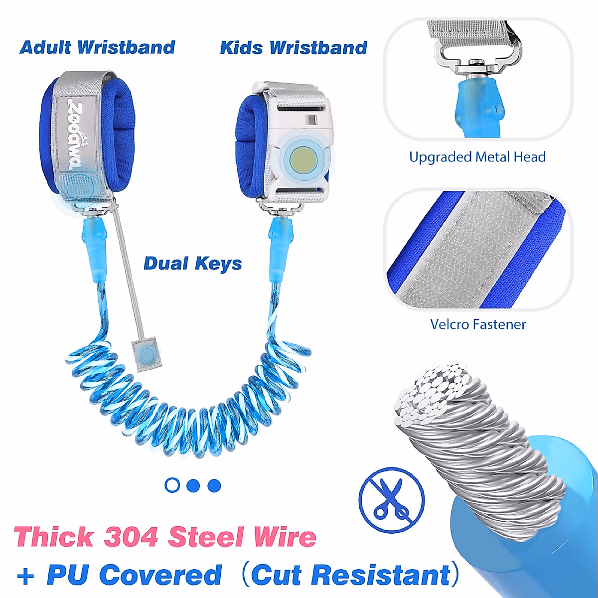 Zooawa Toddler Leash, Toddler Kids Harness Anti Lost Wrist Link with Magnetic Lock, Reflective Safety Baby Child Walking Wristband Leash for 2,3,4 Years Old Boys Girls, Blue