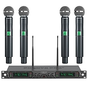 Phenyx Pro Wireless Microphone System, 4-Channel UHF Wireless Mic, Fixed Frequency Metal Cordless Mic with 4 Handheld Dynamic Microphones, 260ft Range, Microphone for Singing,Church(PTU-5000-4H)