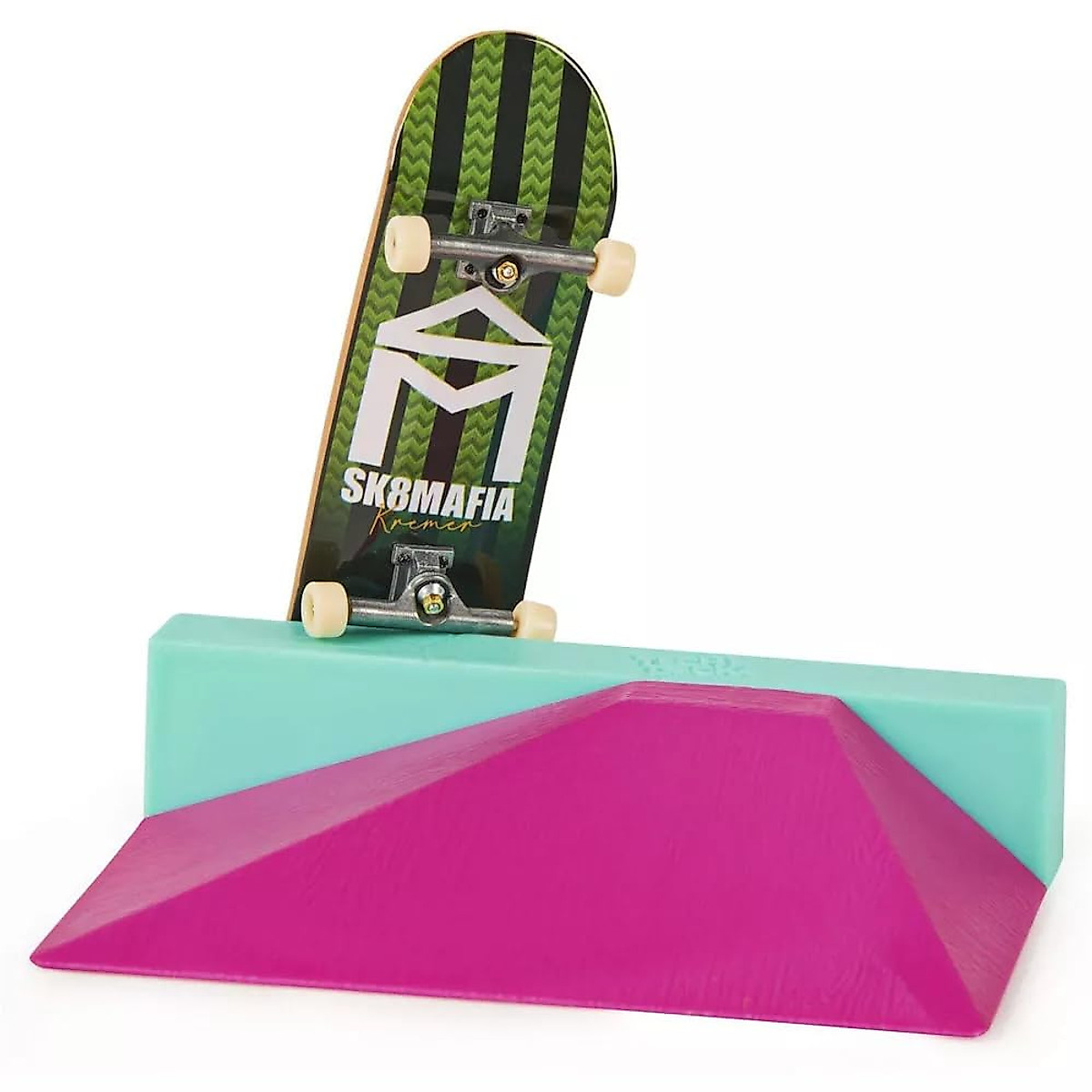Tech Deck Street Hits 2021 Series Sk8mafia Skateboards Wes Kremer House Stripes Green Complete Fingerboard and Pyramid Ledge Obstacle