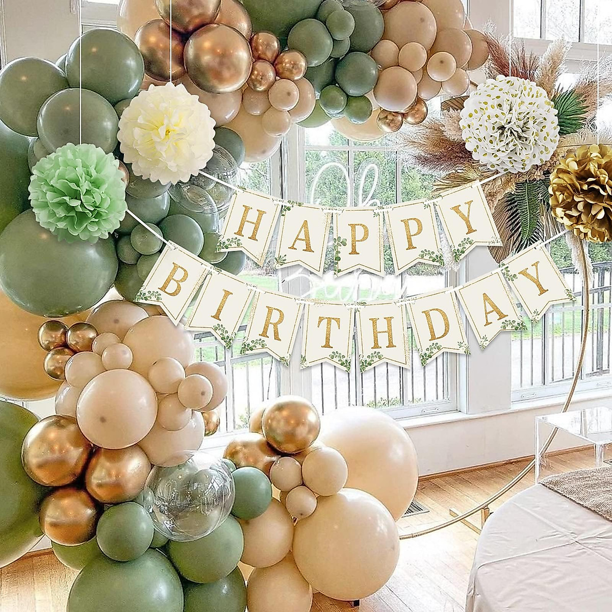 Sage Green Birthday Decorations, Olive Green Gold White Sand Balloons Happy Birthday Banner Tablecloth Gold Fringe Curtain Paper Pom Poms for Kids Women Men Girls Boys Birthday Green Party Decor