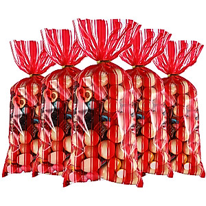 100 Pieces Plastic Circus Carnival Party Treat Bags Red and White Stripe Printed Clear Cellophane Carnival Party Cookie Candy Goody Treat Bags with 100 Gold Twist Ties for Circus Carnival Party Favor
