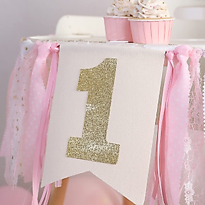 WAOUH Pink Highchair Banner - High chair Banner Decoration for First/1st Birthday, Cake Smash Photo Prop, Baby Girl Shower Anniversary Party, Gold one Birthday Sign.