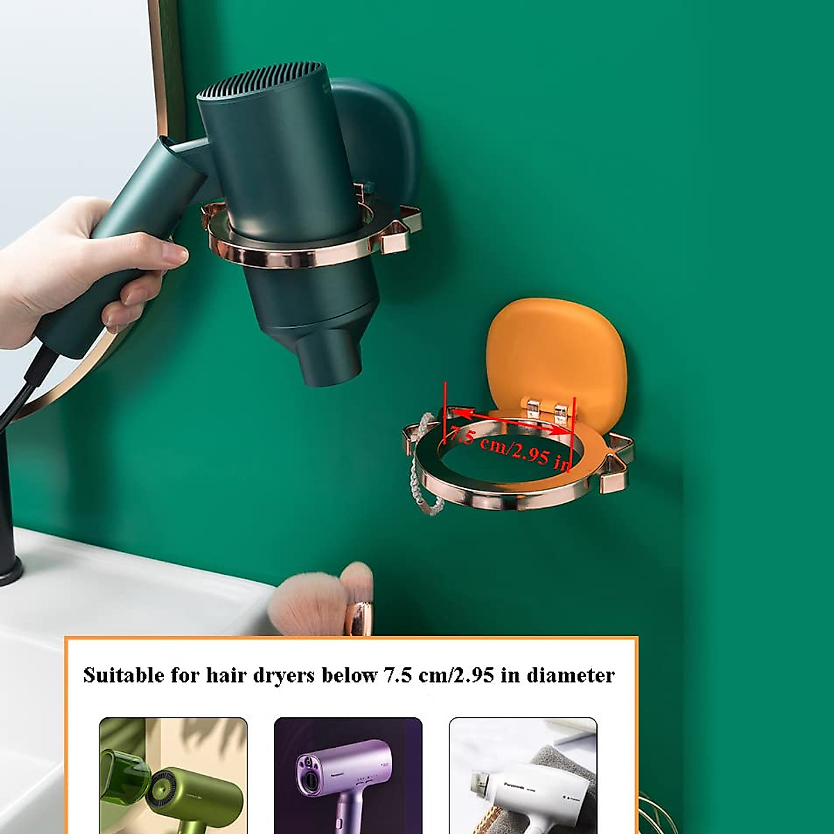 CARURLIFF Small Foldable Hair Dryer Holder Wall Mounted Cute Blow Dryer Rack No Drill Organizer for Bathroom (Green)