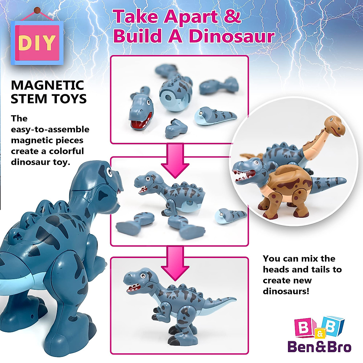 Ben and Bro Magnasaurus Dinosaur Toys - Magnetic Take Apart Dinosaur Toys, Educational STEM Toys for Boys & Girls - Building Toys for 3 Year Old Boys, Kids Toys, Dinosaur Toys for Kids 3-5 +