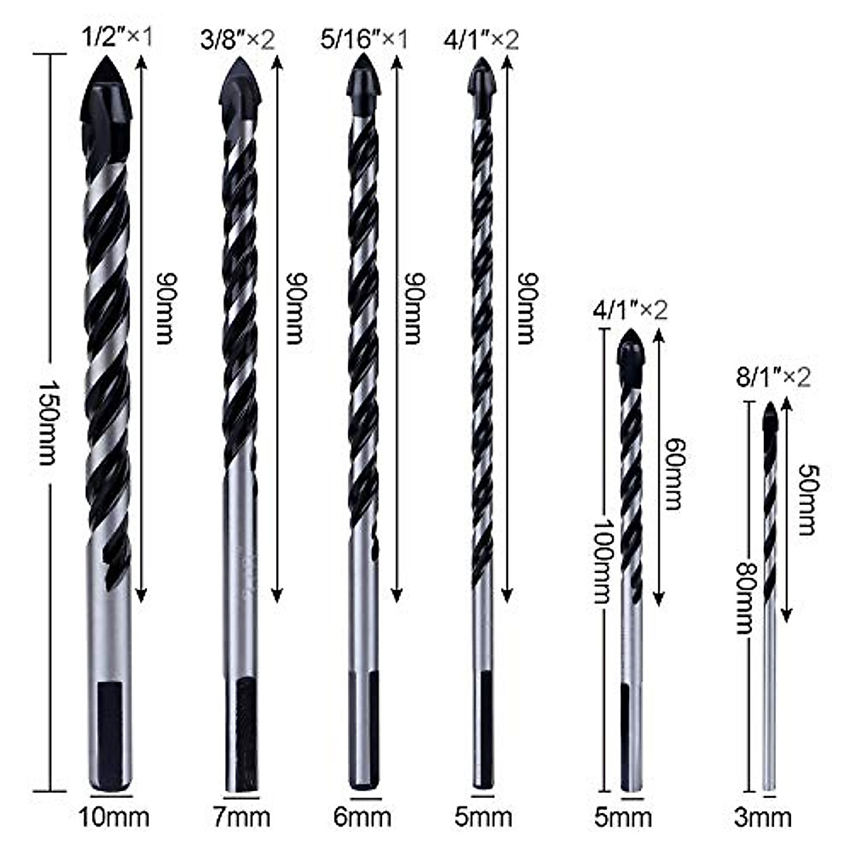 AuSL 10PCS Masonry Drill Bits Set, Professional Drill Bits Set Concrete for Tile, Brick, Cement, Concrete, Glass, Plastic, Cinder block, Wood Chrome Plated With Industrial Strength Carbide Tips