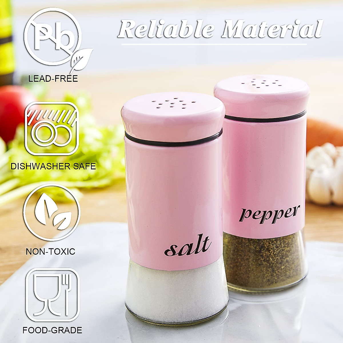 Pink Salt and Pepper Shakers - Pink Kitchen Accessories Decor- 5 oz Glass Salt and Pepper Set for Cooking Table, RV, BBQ, Easy to Clean & Refill