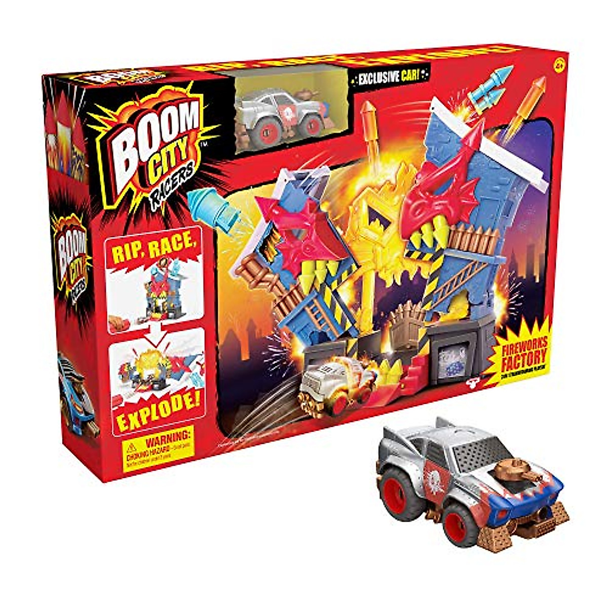 Boom City Racers - Fireworks Factory - 3 in 1 Transforming Playset - Rip, Race, Explode | Includes Exclusive Collectible Car - Thrilling Fun, Engaging Play