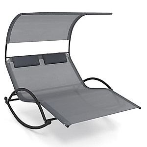 Tangkula 2 Person Lounge Chair with Canopy, Outdoor Chaise Lounge with 2 Detachable Pillows, Sturdy Metal Frame, Extra Large Double Patio Hammock Sunbed Swing for Backyard, Poolside (Gray)