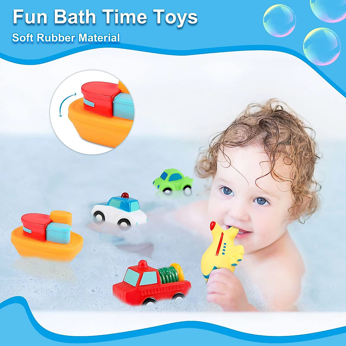 Toddler Bath Toys Bathtub Toy - Kids Floating Water Spray Toy Fun Bathtime with Boat, Plice Car,Fire Truck and Plane Plastic Toy for Baby Boys and Girls