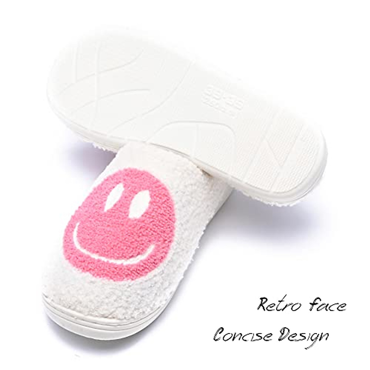 AIMINUO Women's Men's Retro Preppy Happy Face Slippers Comfy Warm Plush Slip-On House Slipper for Winter Indoor Soft Cushion Non-slip Fluffy Slides Slippers White-Pink 8.5-9.5 Women/8-9 Men