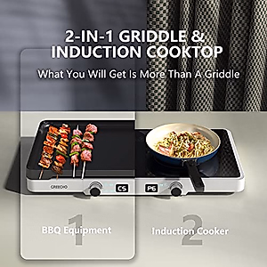 GREECHO Portable Induction Cooktop, 2 Burner Electric Cooktop with Removable Griddle Pan, 5 Gear Heating and Independent Control Electric Cooktop, 1400W Electric Burner with 0-99 Timer, Coconut White