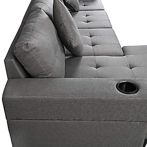Tiophome Sectional Sofa Set for Living Room with L Shape Lounge, Cup Holder and Left or Right Hand Chaise Modern 4 Seat-Gray Linen Fabric
