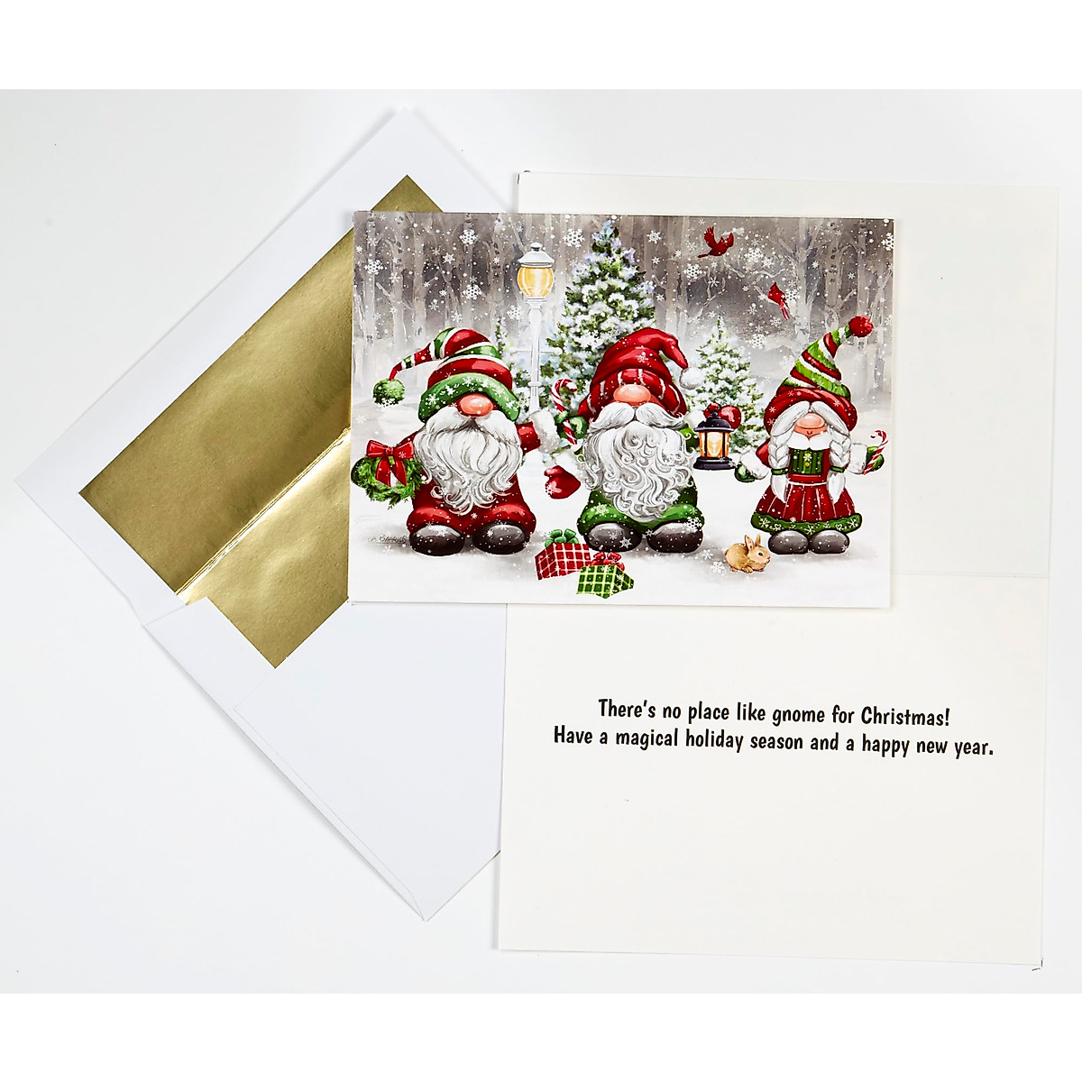 Vermont Christmas Company Box of 'Christmas Gnomes' Christmas Cards - 15 Cards & 16 Foil Lined Envelopes - Packed in Attractive Red Box - Cards measure 4 1/2" x 6 1/4" Folded