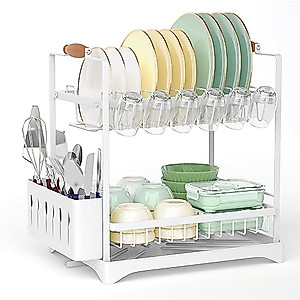 E-ROOM TREND Dish Drying Rack,Black Large Capacity and Multifunctional Carbon Steel Dish Rack, 2-Tier Dish Drying Rack, Rustproof Kitchen Dish Drying Rack with Drainbo & Utensil (DR201W)