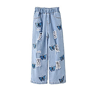 WDIRARA Girl's Butterfly Print Elastic Waist Wide Leg Ripped Jeans Denim Pants Blue 140