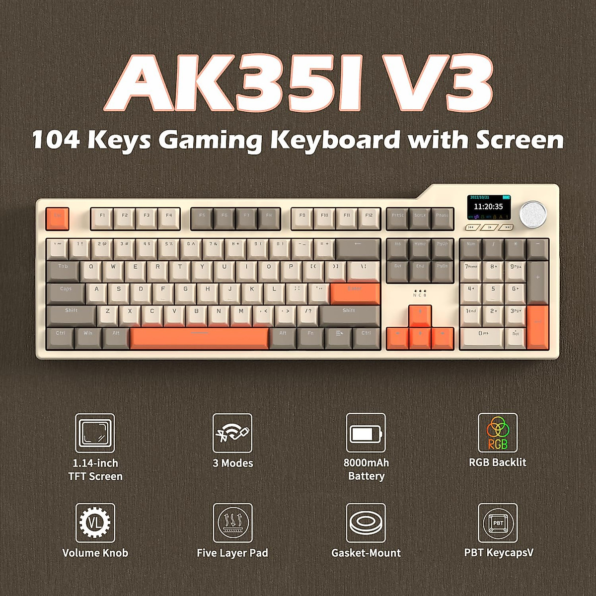 NACODEX AK35I V3 104 Keys RGB Gasket Mount Keyboard | Amazing 8000mAh Bluetooth /2.4G /Wired PC Gaming Custom Keyboard with Five Layer Pad | Knob Control | Cherry Profile PBT Keycaps