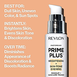 Revlon Face Primer, PhotoReady Prime Plus Face Makeup for All Skin Types, Blurs & Fills in Fine Lines, Infused with Vitamin C and Lactic Acid, Brightening & Skin Tone Evening, 1 Oz