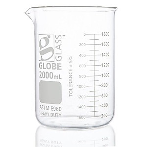 Globe Glass, Beaker, Heavy Duty, 2000mL, Low Form Griffin Style, Dual Graduations, ASTM E960, 4/Box