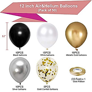 Black Gold Silver party Balloons, 50pcs 12 Inch Metallic Thicker Latex Confetti Balloons with Ribbon for Wedding Birthday Baby Shower Decorations (BlackGoldSilver50pcs)