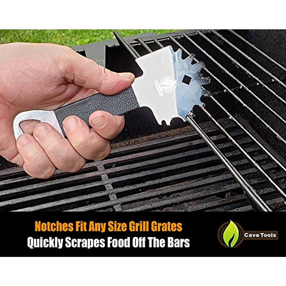 Cave Tools Bristle-Free Metal Grill & Griddle Scraper - Includes Bottle Opener - Barbeque Brush Substitute - BBQ Grill Accessories, Stainless Steel