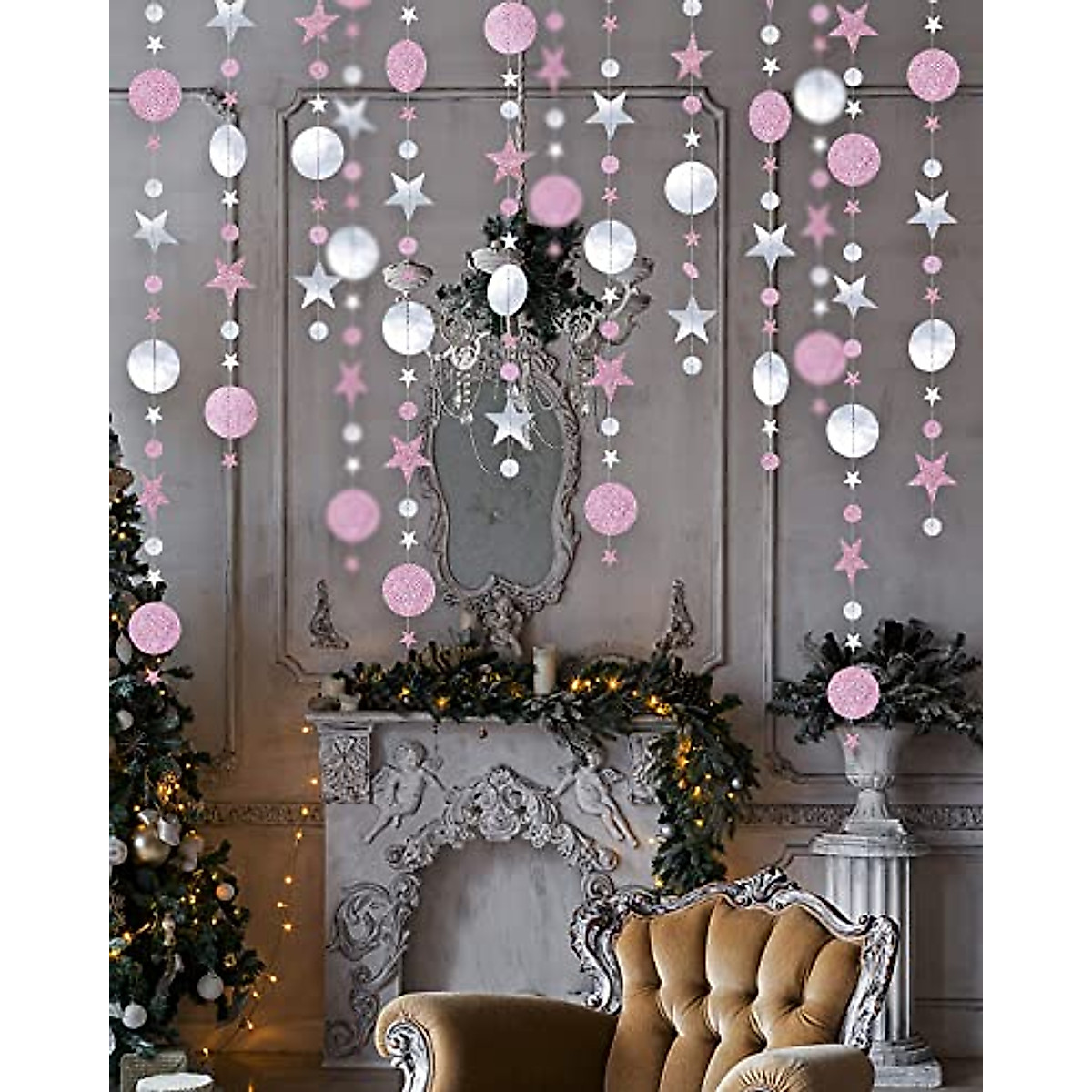 Glitter Star Circle Dot Garland, Twinkle Little Star Party Decoration Hanging Streamer Backdrop Banner, for Wedding Baby Shower Christmas Birthday Party Decor Supplies, 3 String Totle 39 Feet (Pink)