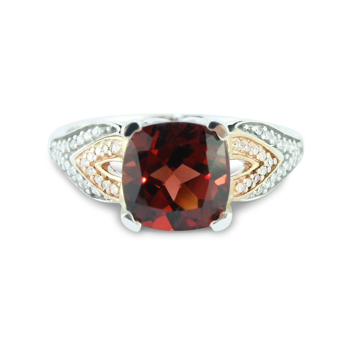 Belantina Heartland By Beverley Mitchell 10K Rose Gold with .925 Sterling Silver Cushion Cut Garnet & Diamond Accented Two Tone Flared Band Statement Ring