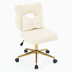 Furnimart Swivel Desk Chair Cute Vanity Chair with Kawaii Backrest & Lumbar Pillow, Armless Comfy Faux Fur Accent Chairs for Bedroom, Makeup Room, Dorm, Teenage Girls (Ivory White)