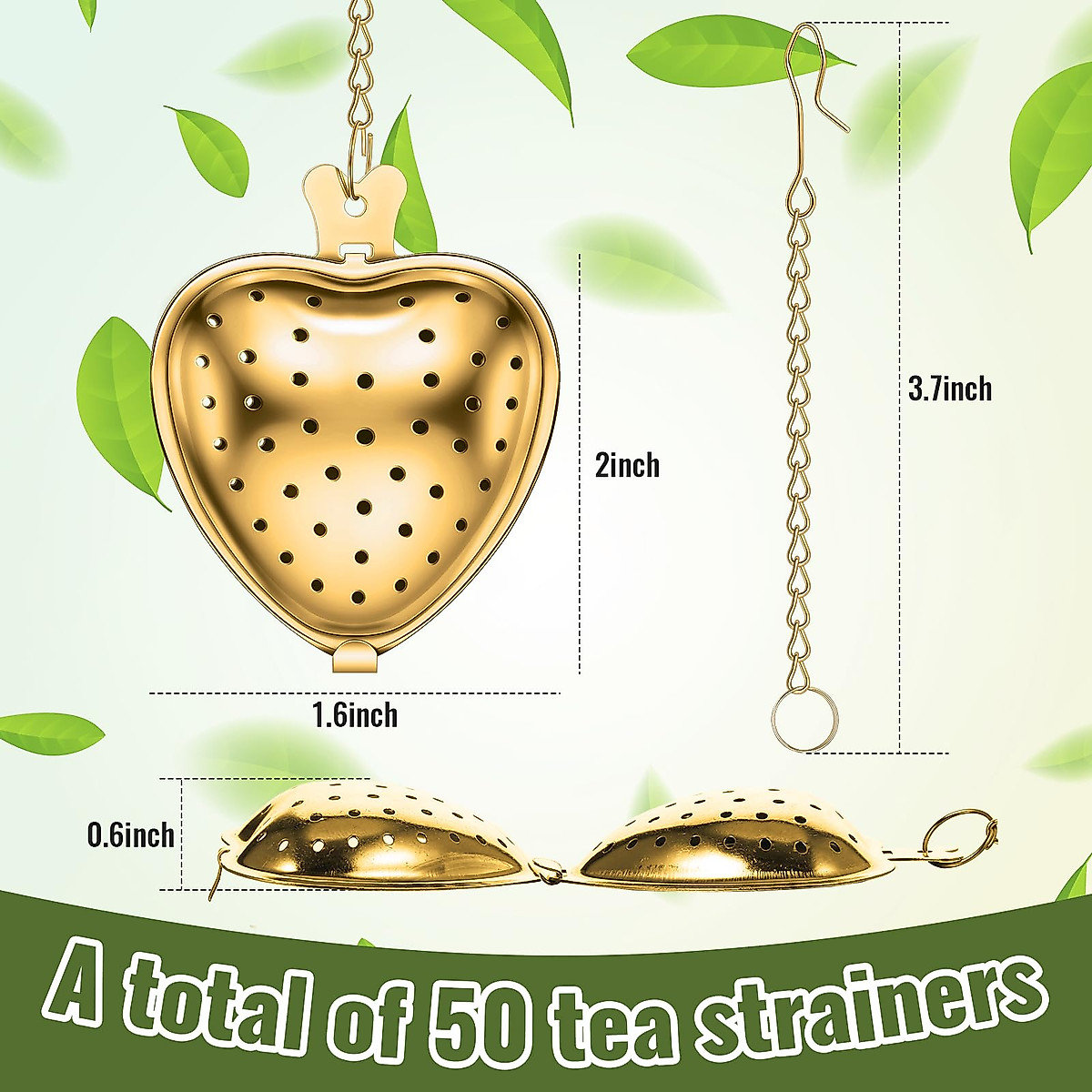 Sumind 50 Pcs Stainless Steel Tea Strainer Ball Infuser Loose Leaf Steeper Interval Diffuser Heart Shape Mesh Filters with Extended Chain Hook for tea party Seasonings Cup Bottle(Gold)