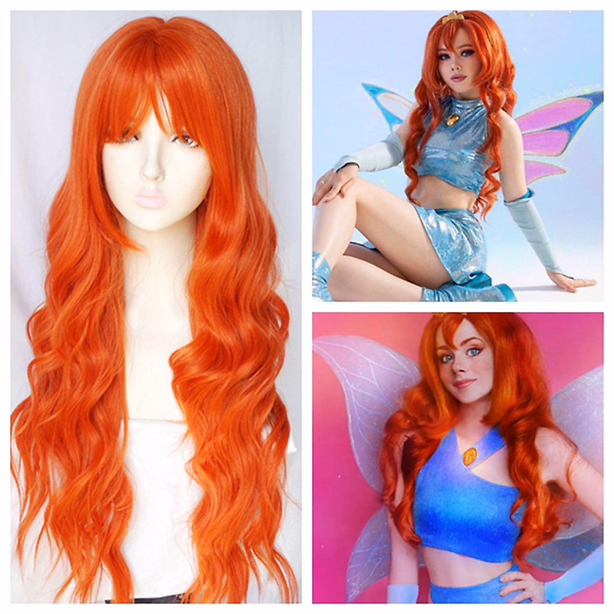 Long Red Bright Copper Wig for women curly Bloom cosplay wig Fairy costume wig synthetic wig with bangs 29inches Halloween wig for women and girl