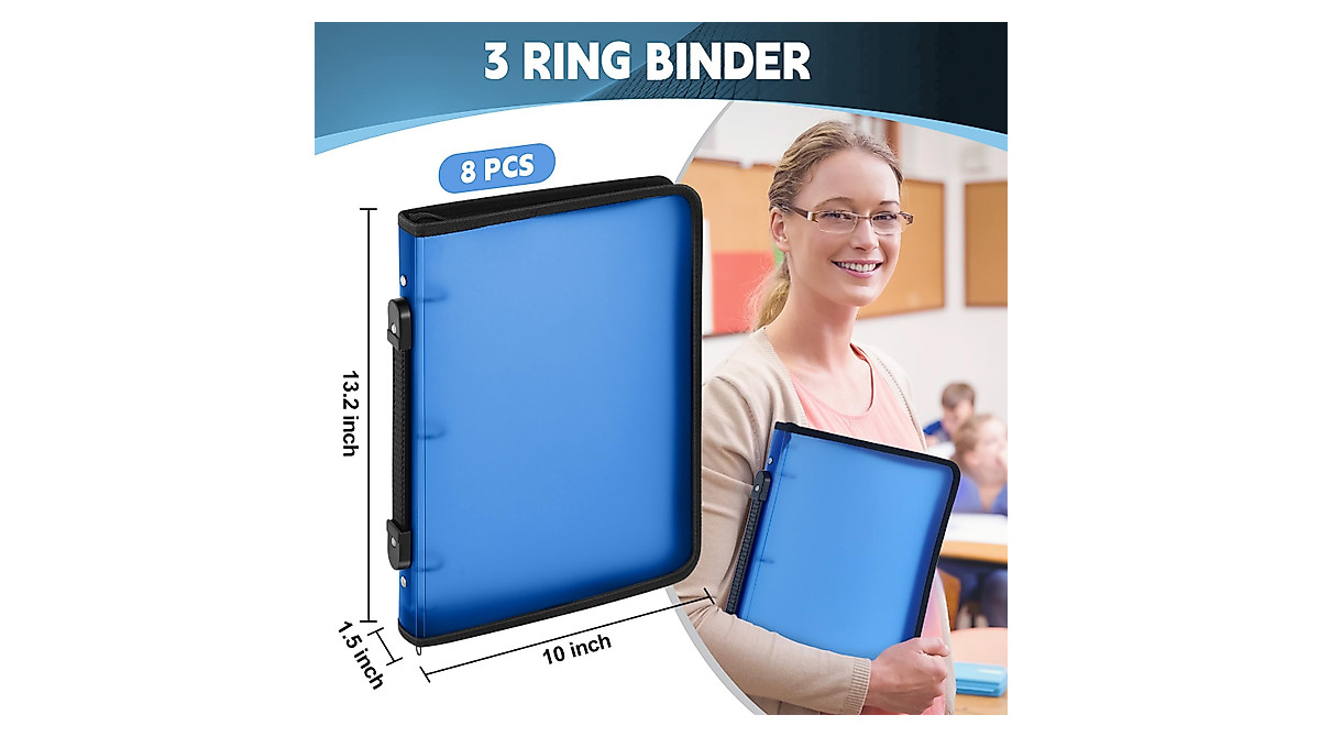 Teling 8 Pack Blue Zipper Binders - Durable & Compact