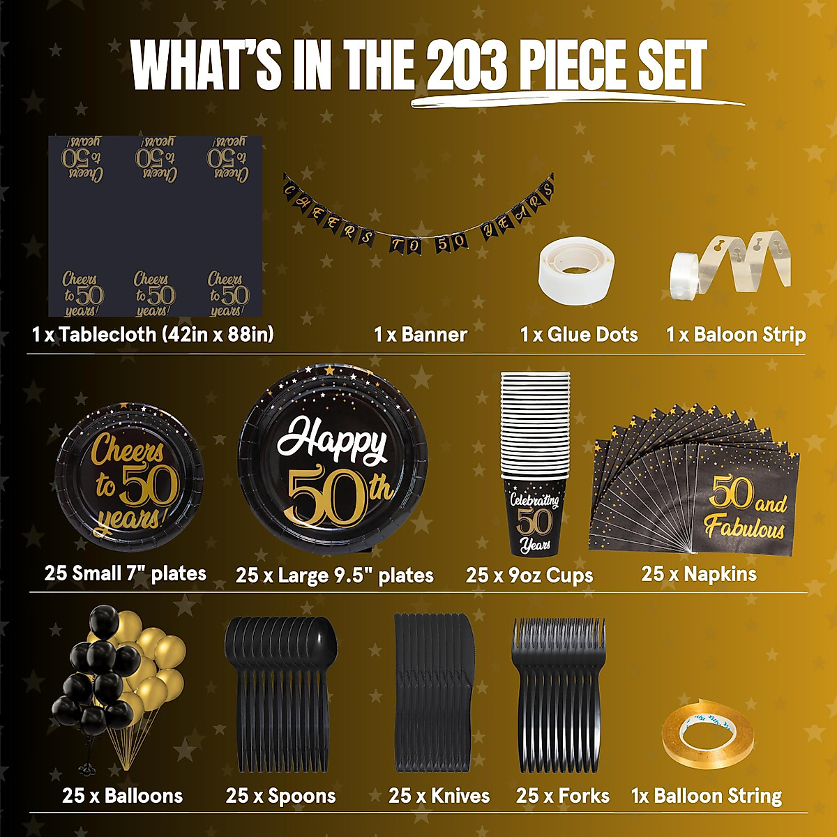 202-Piece 50th Birthday Decorations Set for Women and 50th birthday decorations men – Includes Plates, Napkins, Cups, Tablecloth, Cutlery, and Balloons – Serves 25