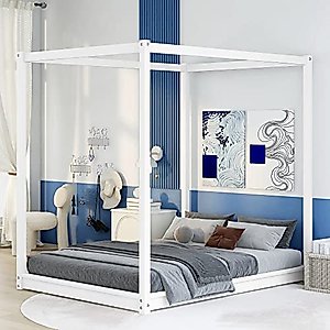 Harper & Bright Designs Full Canopy Bed Wood 4 Poster Panel Beds, Floor Bed Frame Full with Solid Wood Slat Support, Full Size Platform Bed for Kids Teens Adults, No Box Spring Needed, White