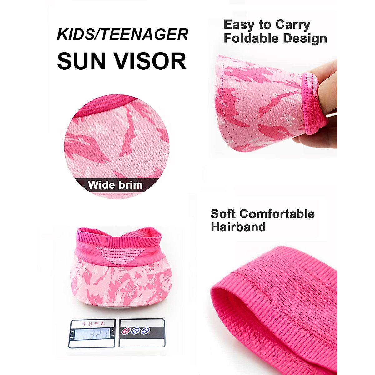 WRELS Visor Sun Hat for Kids Women Men,Adjustable Packable Sports Cap with Sweatband(46-60cm) (#B-Rose Red)