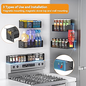 CLESOO Magnetic Spice Rack for Refrigerator, 2 Pack Moveable Magnet Organizer for Spice Jars and Seasonings, Wall Mounted Fridge Shelves with Spiral Holder and 4 Hooks for Kitchen and Stove
