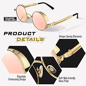 GQUEEN Retro Round Circle Steampunk Sunglasses for Women Men Polarized UV400 Protection,MTS2