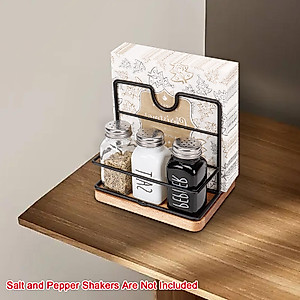 Livabber Napkin Holder, Metal Napkin Holder with Salt and Pepper Shakers Caddy Modern Napkin Dispenser for Table Kitchen Countertop, Not Including Salt and Pepper Shakers (Middle Wooden, Black)