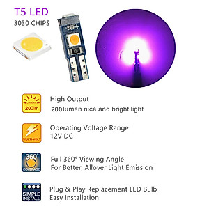 WLJH 74 Led Bulb Dash Lights Extremely Bright T5 2721 18 37 286 Wedge PC74 Twist Socket Automotive Instrument Panel Gauge Light Kits Dashboard Cluster Shift Bulbs Purple Pack of 20