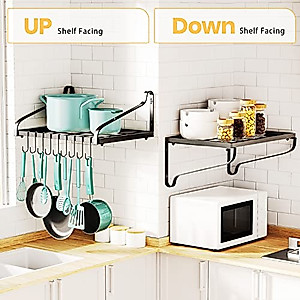 MUDEELA Hanging Pot Rack with 10 Hooks, Pots and Pans Organizer Wall Mounted Pot Organizer Rack, Wall Shelf for Kitchen Organization,Cookware, Books, Household,Bathroom