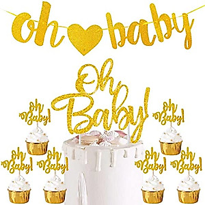 Oh Baby Party decoration Gold Glitter Oh Baby Banner Cupcake Toppers for baby 1st 2nd Birthday Baby Shower Party Supplies