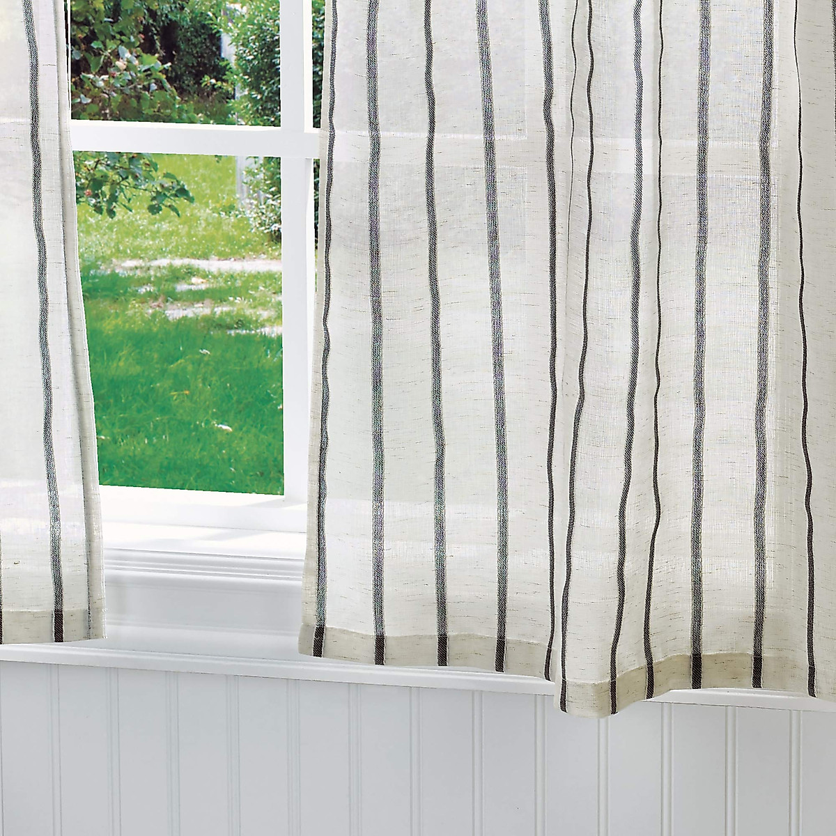 Martha Stewart Laguna Stripe Semi-Sheer Tie Tab Window Curtain Valance and Tiers Set, Grey