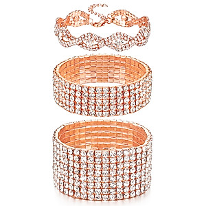 FIBO STEEL 3 PCS Rhinestone Stretch Bracelets for Women Bridal Sparkly Wedding Strand Tennis Bracelet Set Rose Gold-Tone