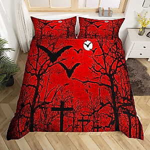 Happy Halloween Comforter Cover Teens Woodland Flying Bats Kids Bedding Set Teen Boys Spooky Night Jungle Duvet Cover Novelty Red Black Decor Quilt Cover Room 3Pcs King Size,Zipper