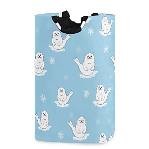 DOMIKING Cute Cartoon Baby Seal Pup Laundry Storage Basket Collapsible Organizer Laundry Hamper for Kids Room Dirty Cloth Toy Dorm Bag