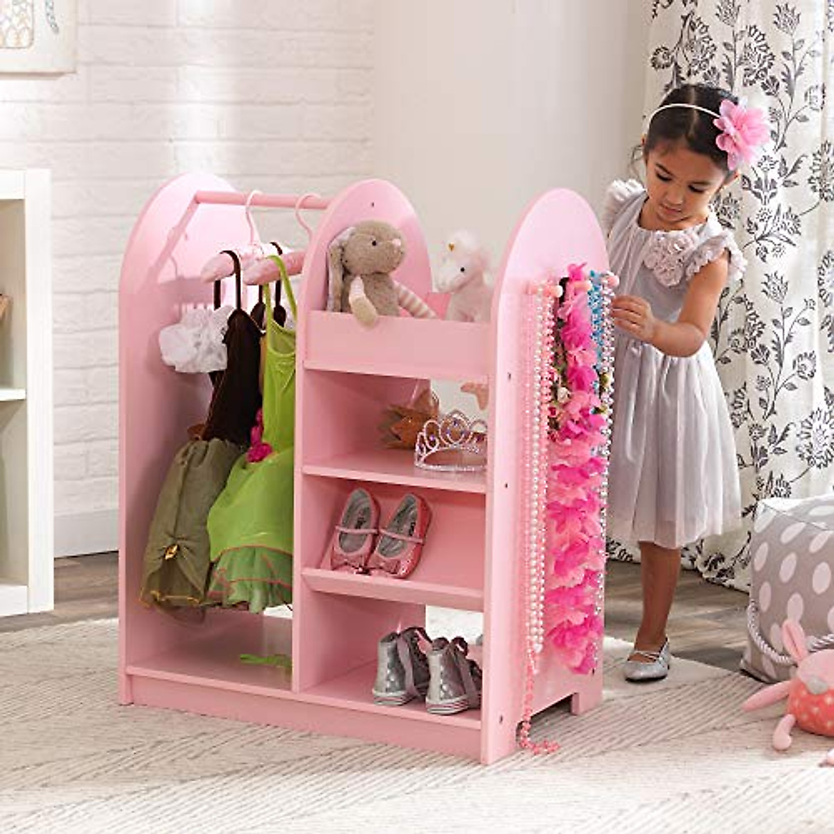 KidKraft Wall Mount Wooden Fashion Pretend Dress-Up Station Children's Furniture with Storage and Mirror - Pink, Gift for Ages 3+