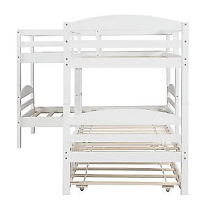 Harper & Bright Designs Quad Bunk Bed with Trundle, L Shaped Bunk Bed for 4 Kids, Wooden Twin Bunk Bed Frame for Kids Teens Adults - White