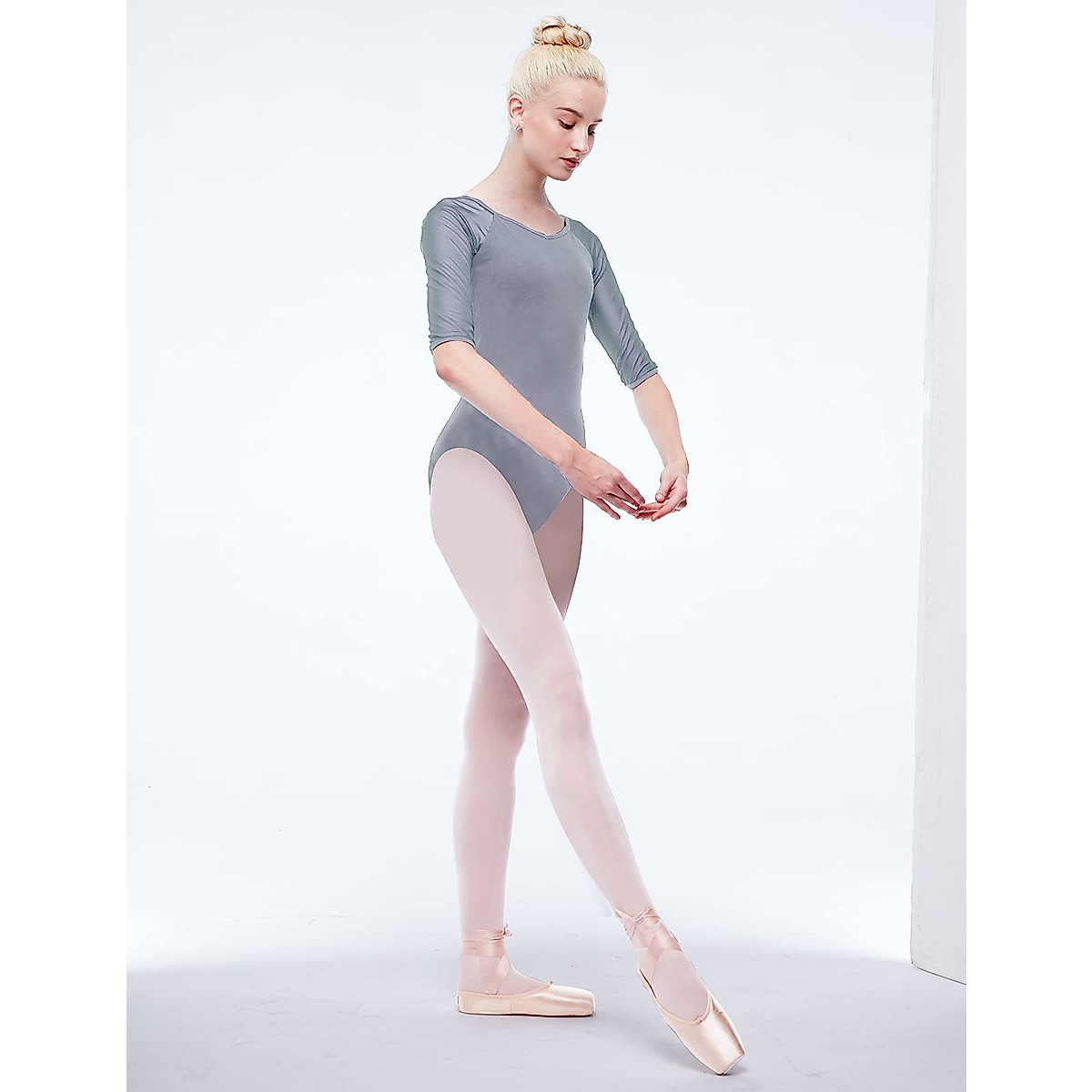 Cuulrite Ballet Dance Leotards for Women, Yoga Gymnastic Leotard Stretch Mesh Splice 34 Sleeve,Light Grey,Small
