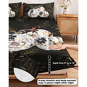 Bedding Full Size Fitted Sheets Fit 5"-16" Deep Pocket Mattress,Flower Sketch Oil Painting Pumpkin Soft Bottom Sheet Autumn Gold Leaves on Black Fitted Sheet Bed Set with Pillow Case